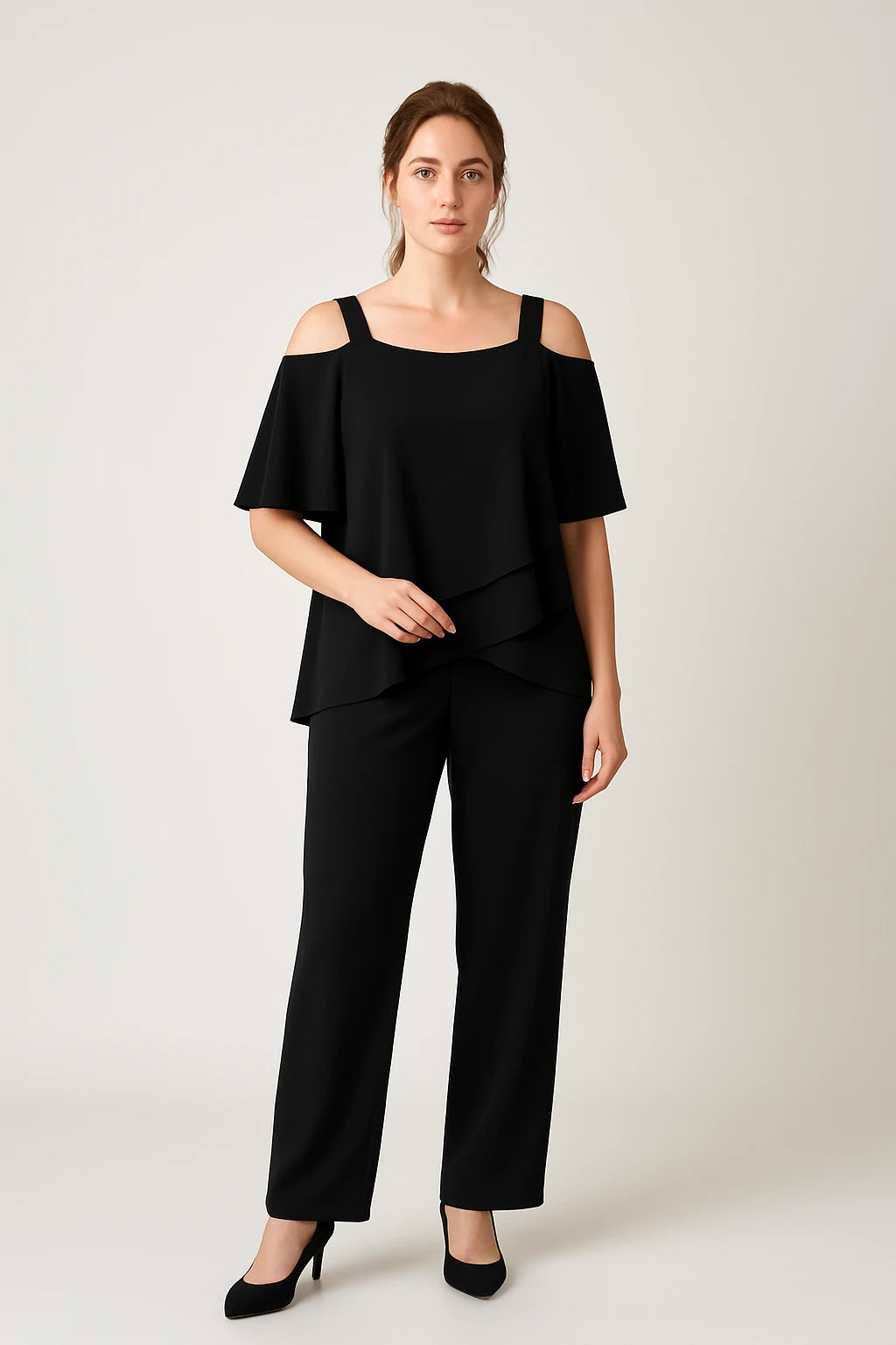 Cold Shoulder Layered Top and Straight-Leg Pants Set for Women – Urban ...